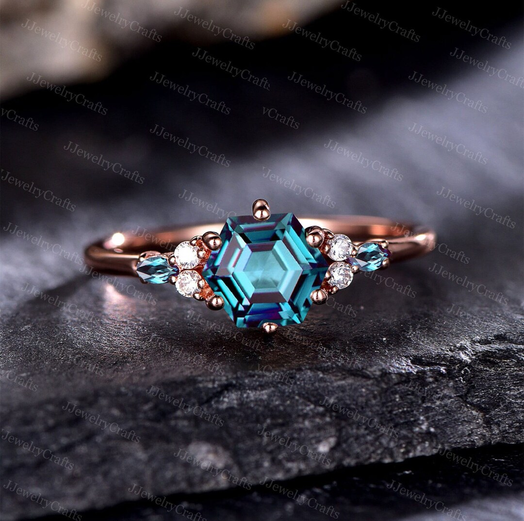 Hexagon Cut Alexandrite Ring Gold Silver Ring for Women Vintage ...