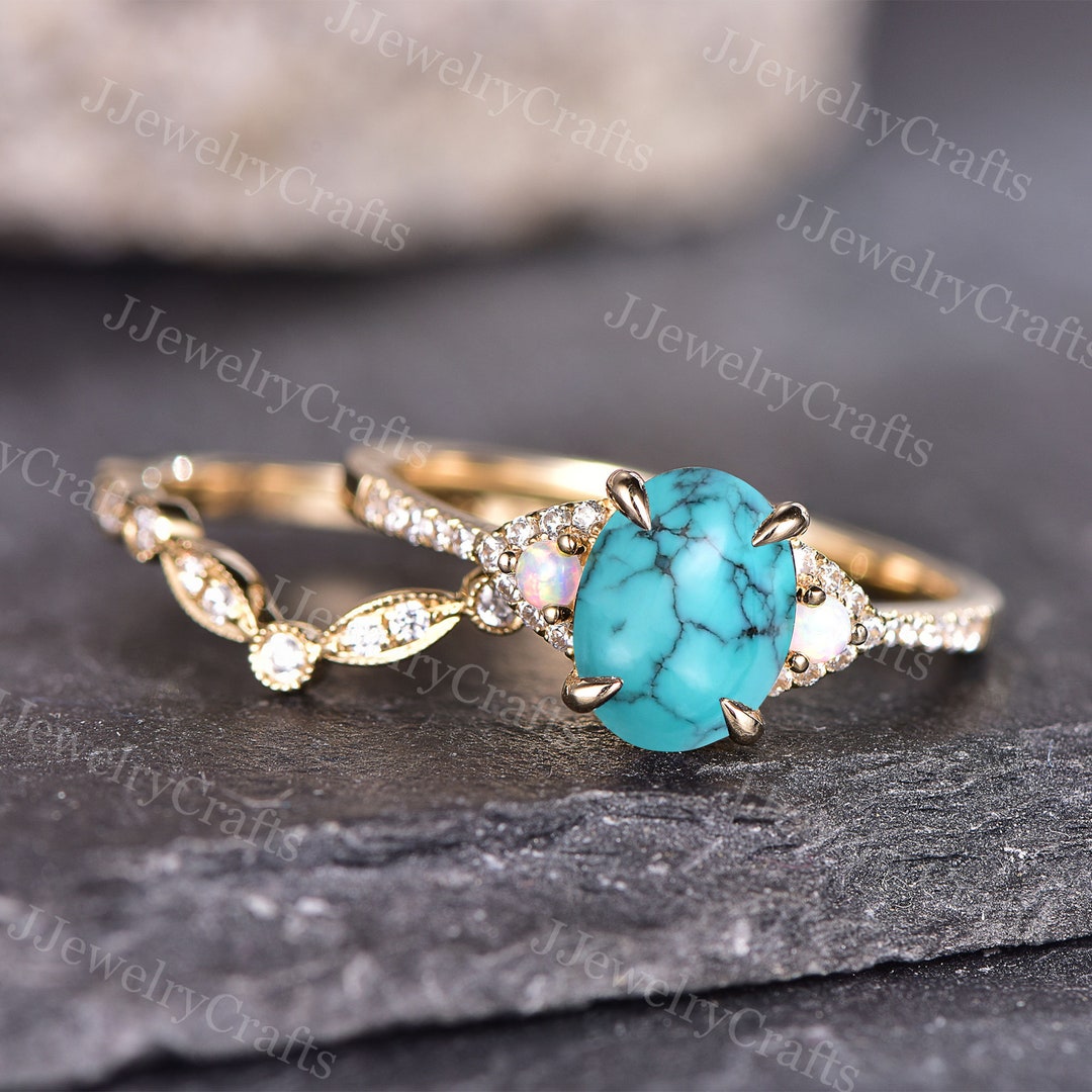Turquoise Engagement Ring Set Rose Gold Diamond Chevron Bridal Ring ...