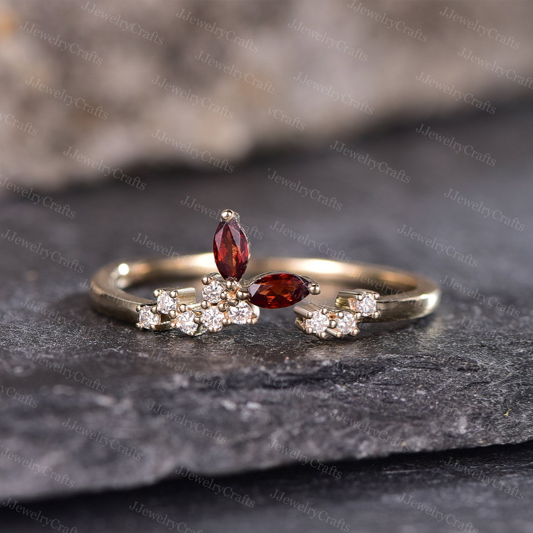 Garnet Wedding Band Vintage Cluster Moissanite Ring January Birthstone ...
