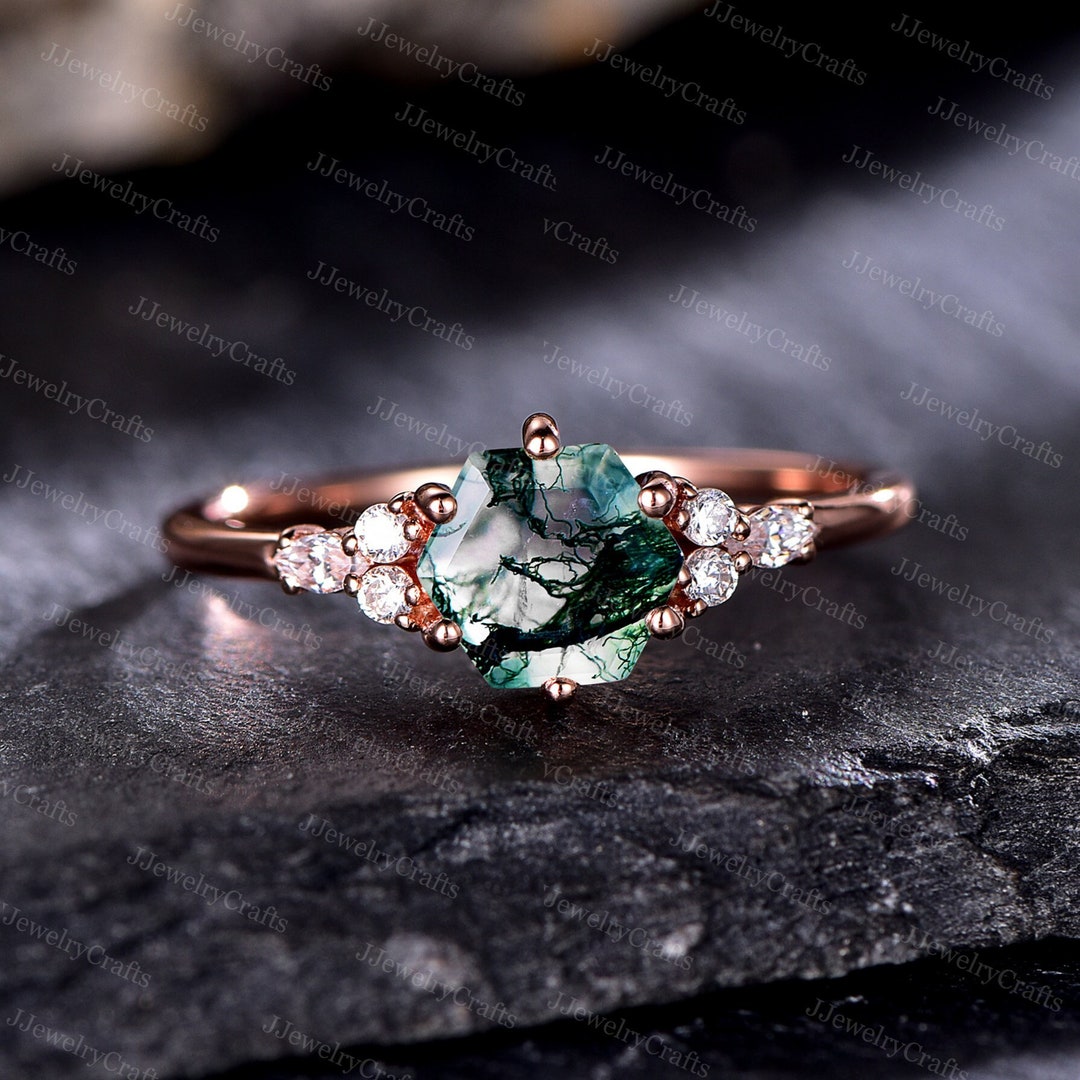 Hexagon Moss Agate Ring,silver Rose Gold,marquise Moss Agate Engagement ...