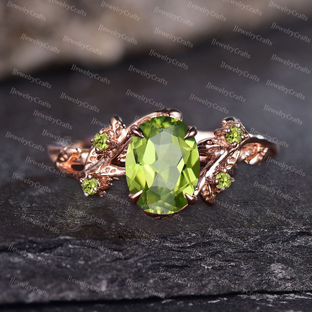 Oval Peridot Ring,rose Gold Pearidot Branch Leaf Ring,bridal Wedding Ring,peridot Engagement ...