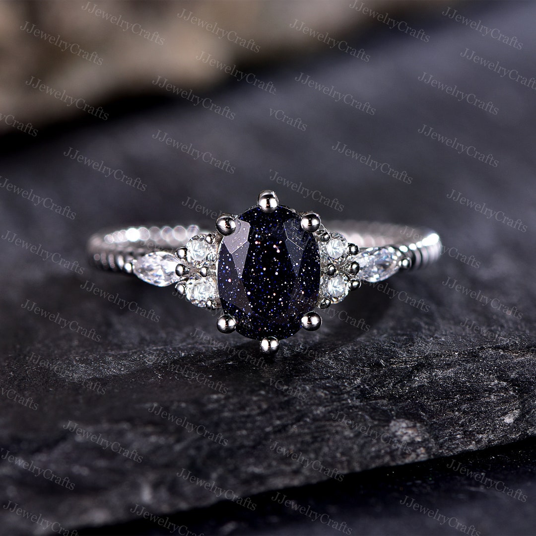 Oval Blue Sandstone Engagement Ring Set Unique Curved