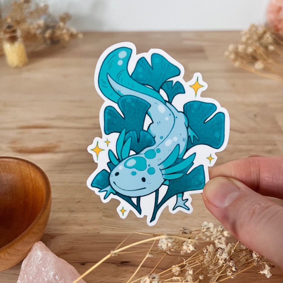 Blue Axolotl Sticker, Ginkgo Woodland Critters Art, Die-cut Sticker ...