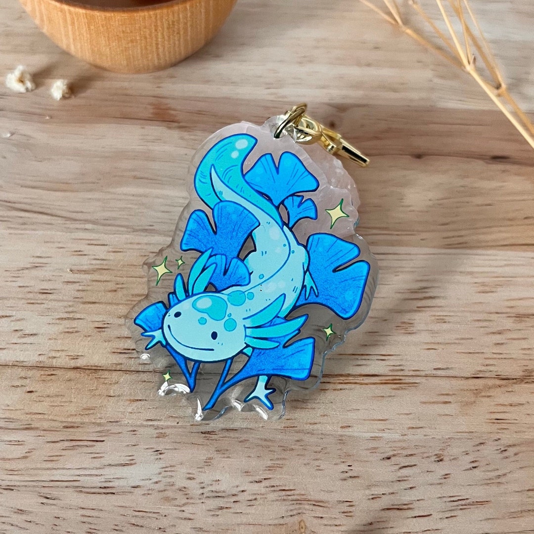 Blue Axolotl Keychain, Ginkgo Woodland Critters Art, Epoxy Keychain ...