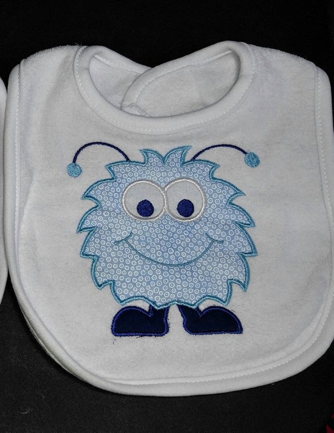 Cute Monster Boy Applique Machine Embroidered Infant Toddler White Bib ...