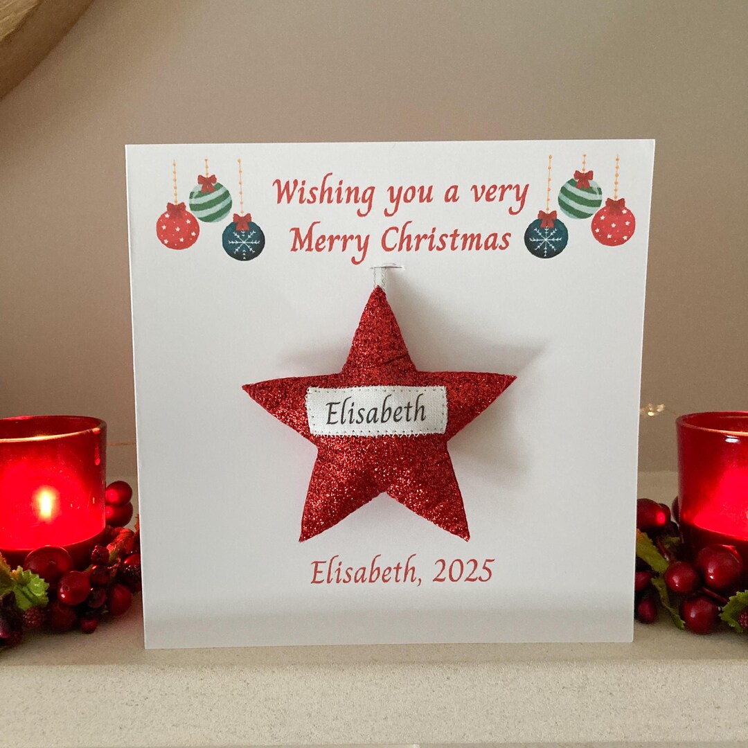 Red Personalised Sparkly Star Christmas Card, Personalised Christmas ...