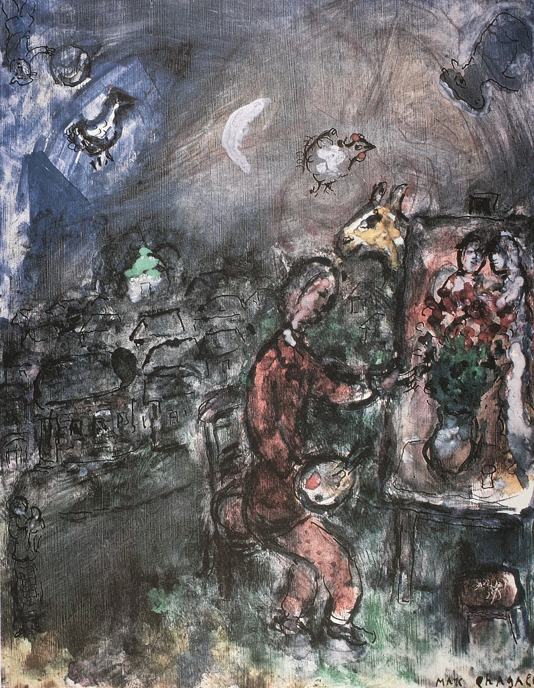 Marc Chagall, Painter Village self-portrait, Hand Signed Lithograph - Etsy