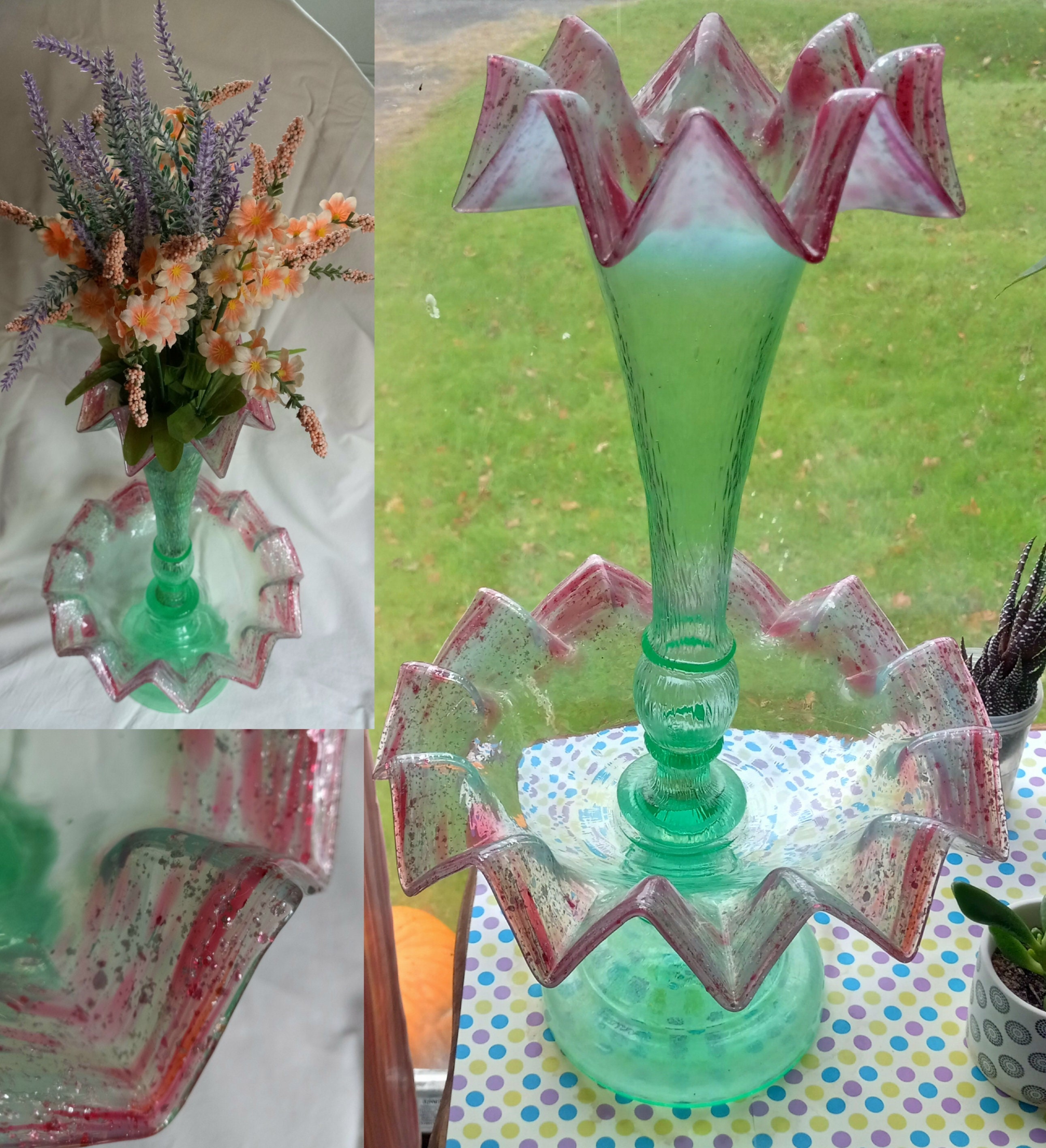 Antique Victorian Art Glass Epergne Uranium Spatter Mica Harrach ...