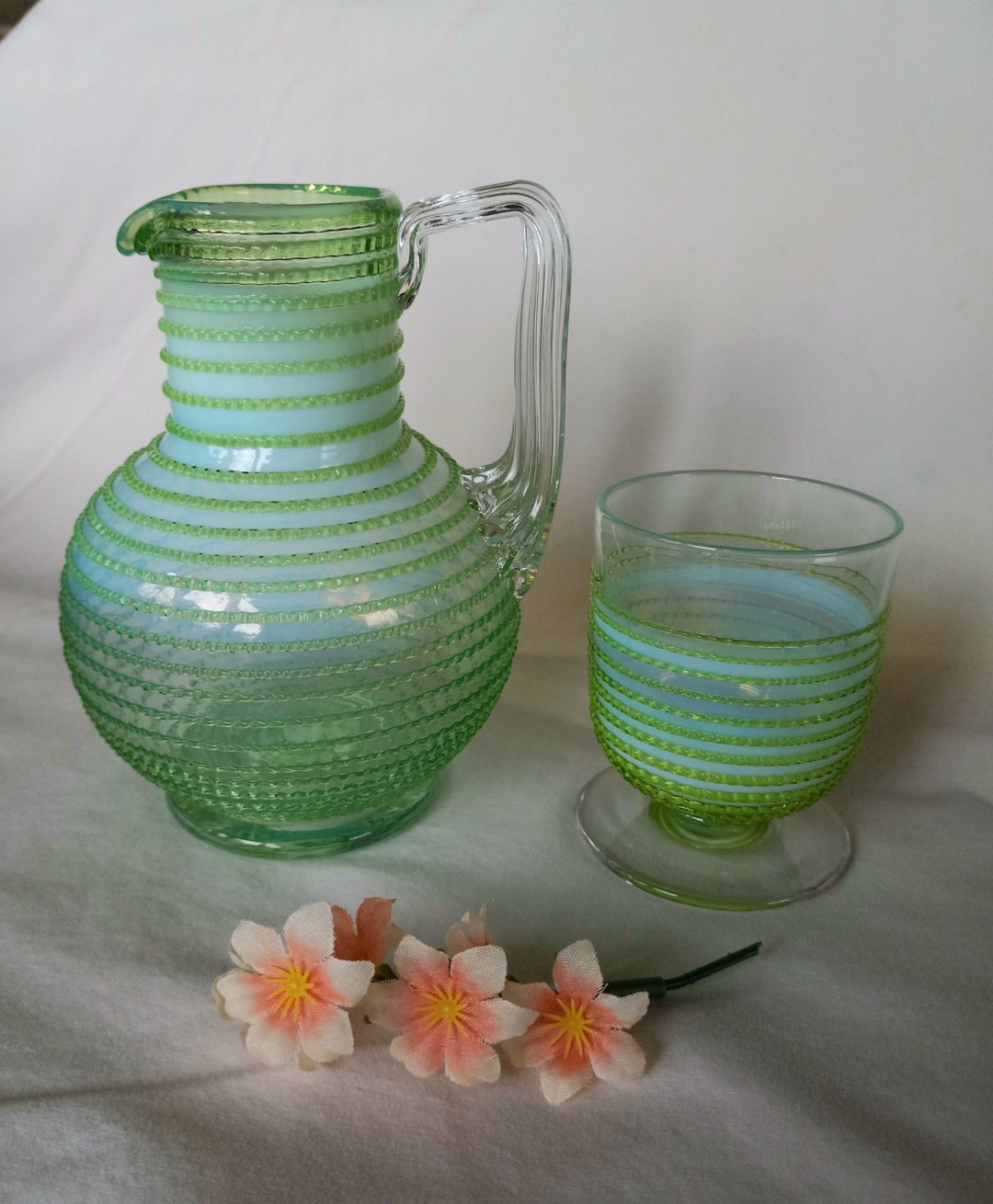 Antique Victorian Threaded Green Opalescent Art Glass Pitcher Cup ...