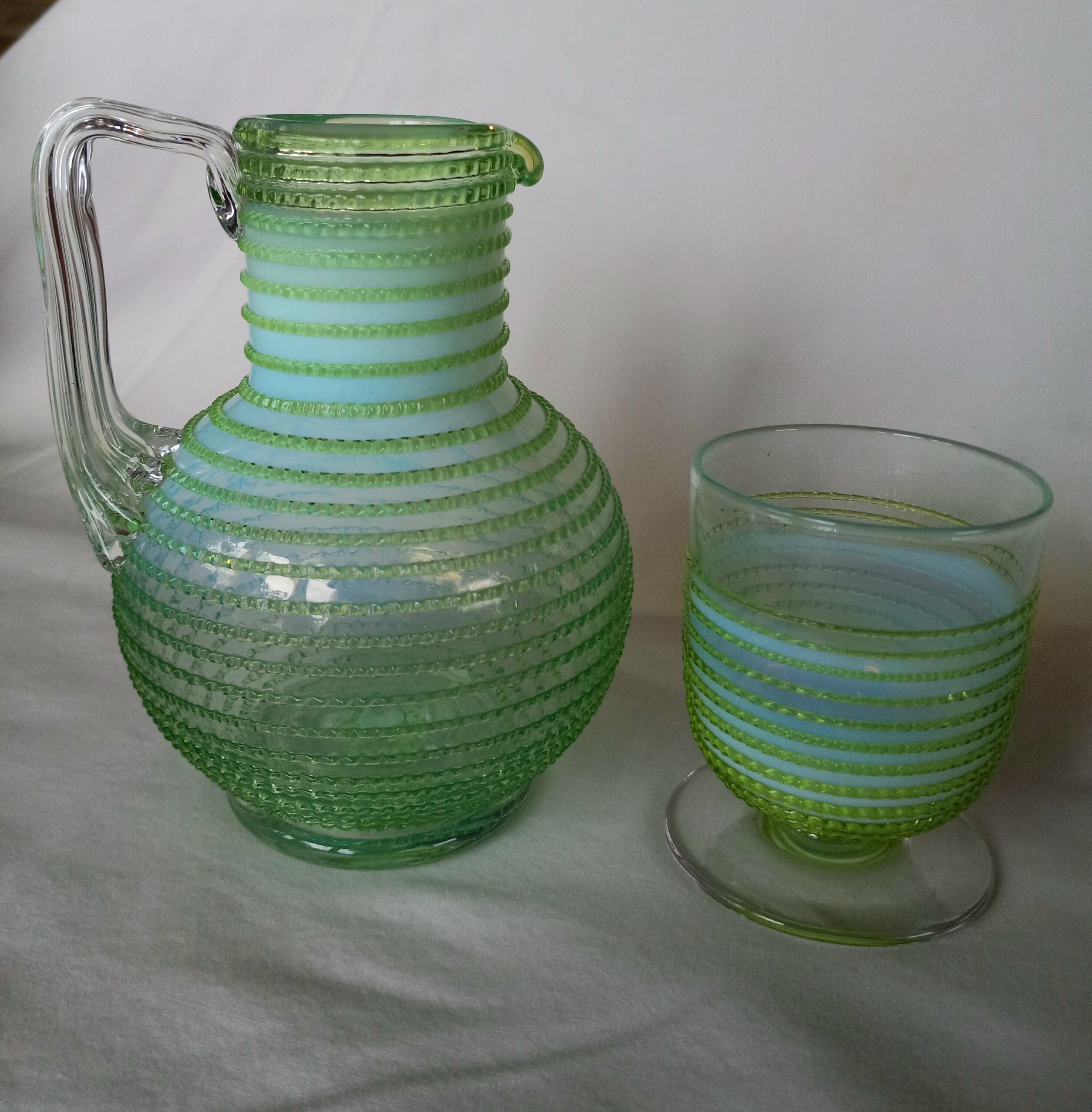 Antique Victorian Threaded Green Opalescent Art Glass Pitcher Cup ...