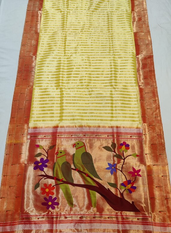 Butterscotch Striped Munia Border Brocade Paithani Saree - Etsy