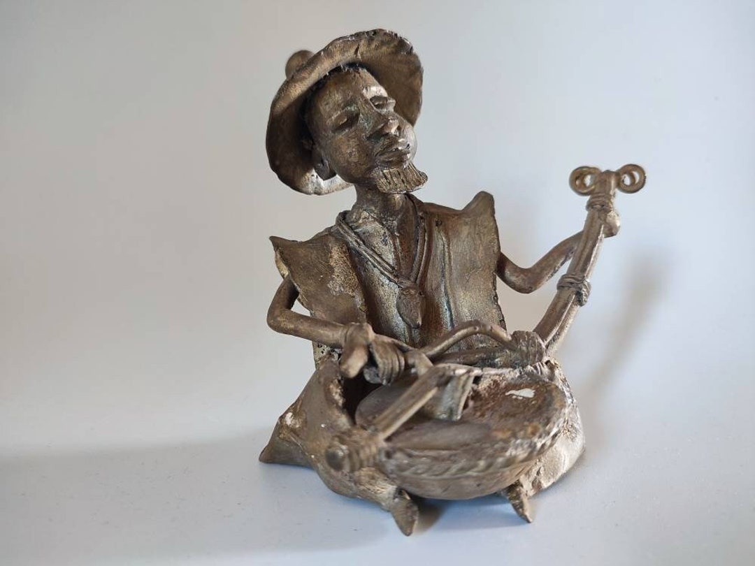 Bronze West African Adungu / Harp Player Statue Figure Traditional Lost ...