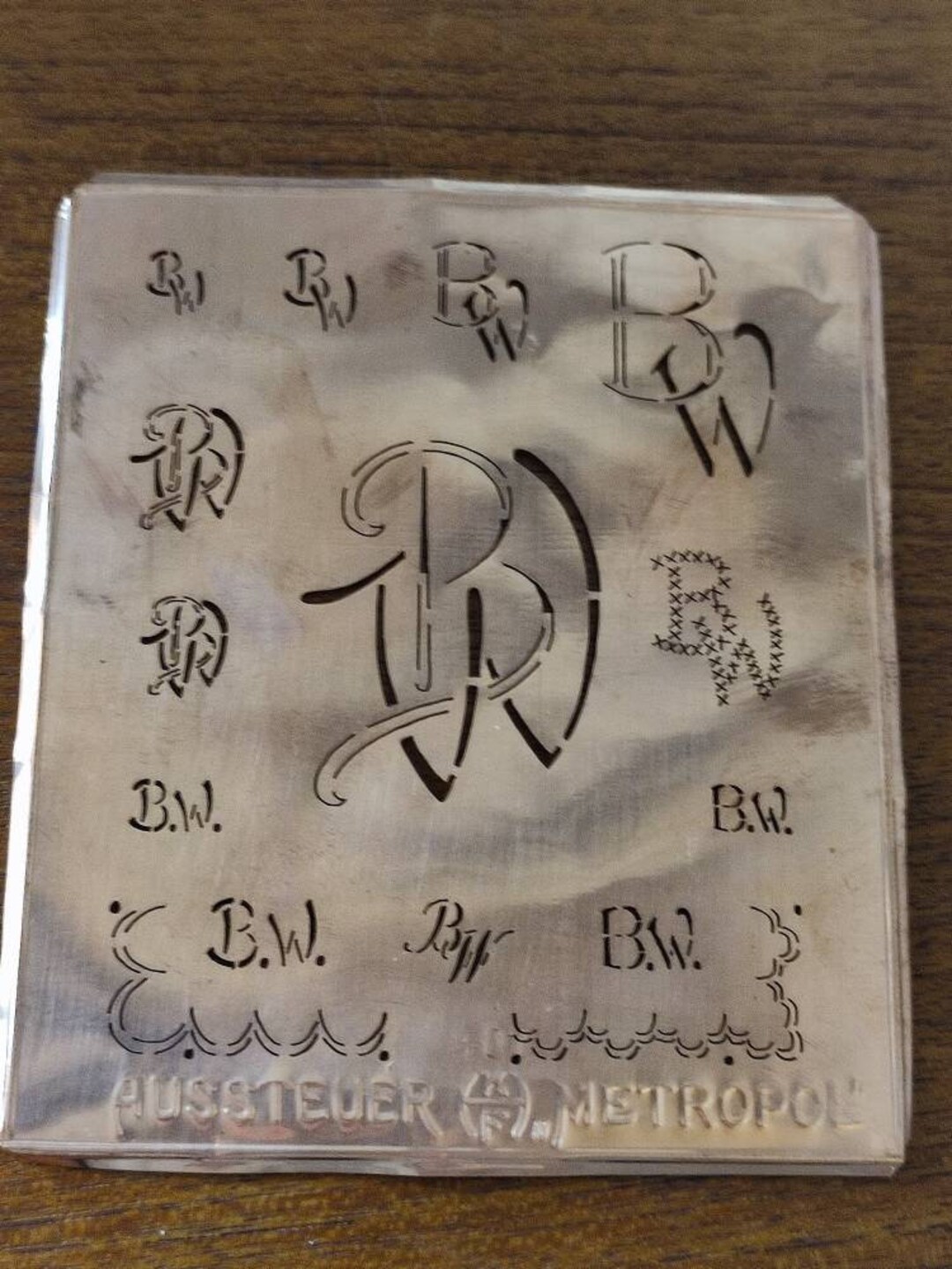 Antique Copper Stencil Monogram Initials B W Art Nouveau Script ...