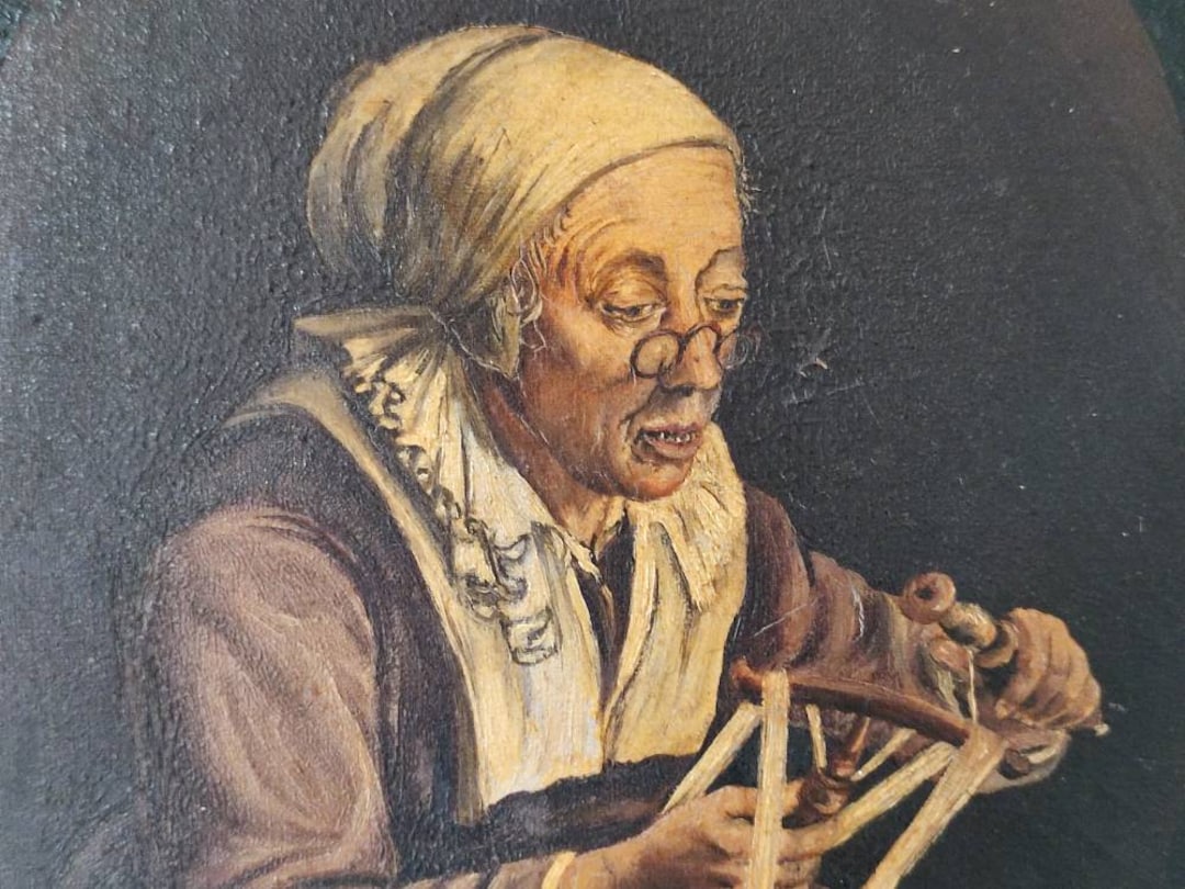 Antique Oil Painting Old Woman Carding Wool 19th Century Folk Art Rural ...