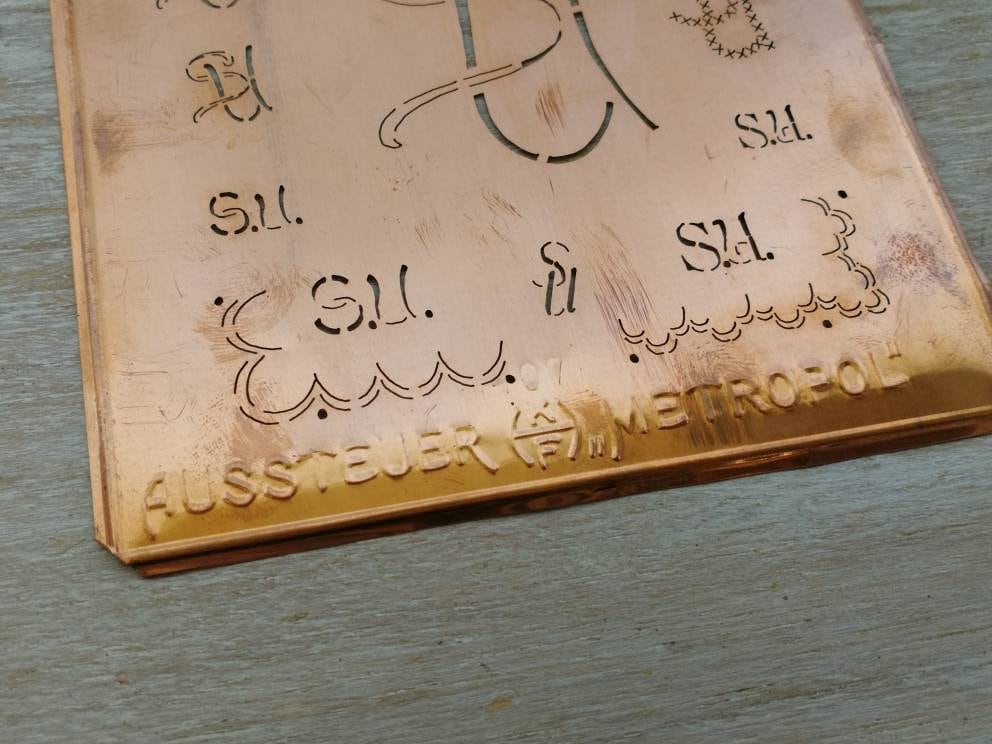 Antique Copper Stencil Monogram Initials S U Art Nouveau Script ...