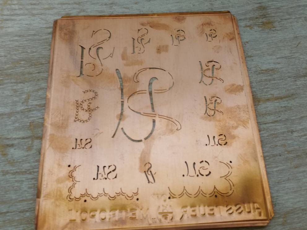 Antique Copper Stencil Monogram Initials S U Art Nouveau Script ...