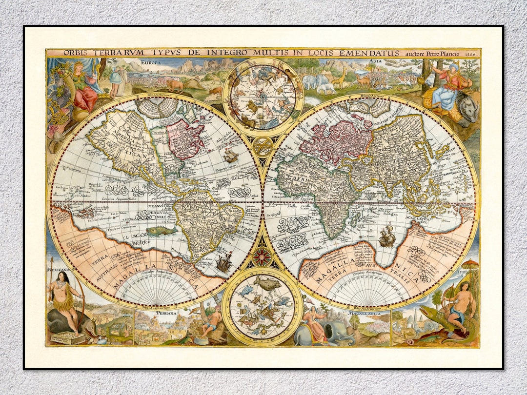 Historic Map (1594) – Antique Double Hemisphere World Map – Vintage Wall Art - Etsy