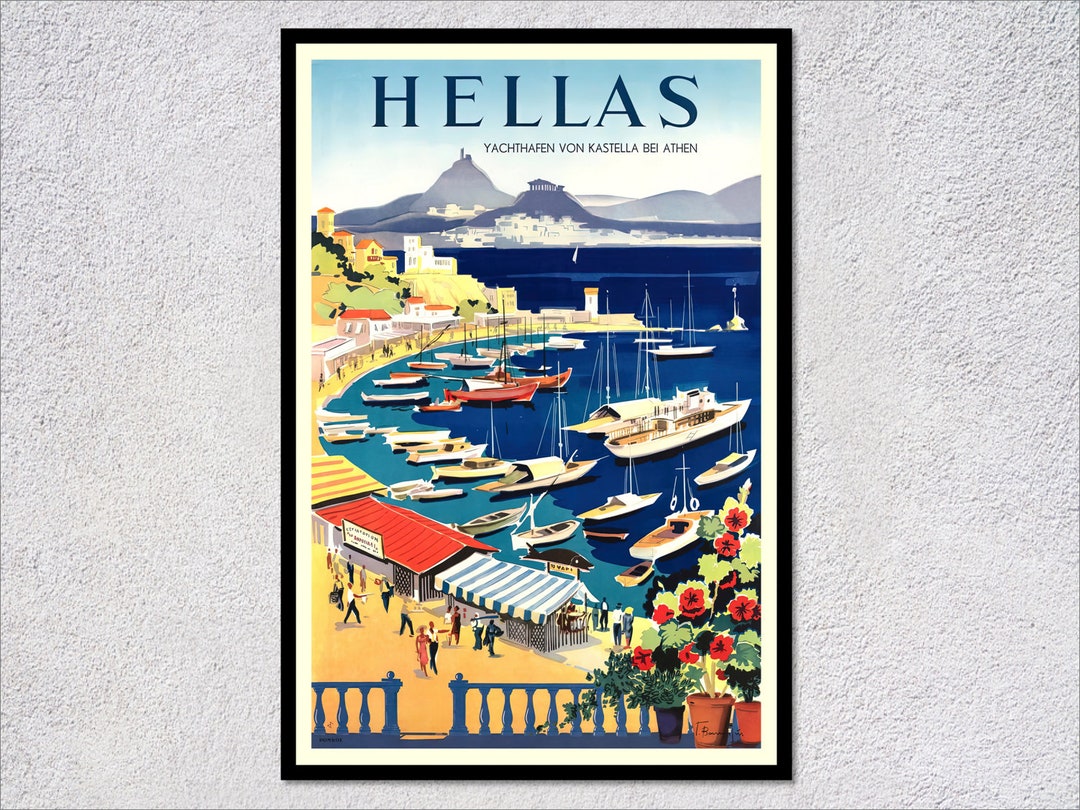 Greece Travel Poster Wall Art HELLAS Vintage Print, Retro Decor, Greek ...