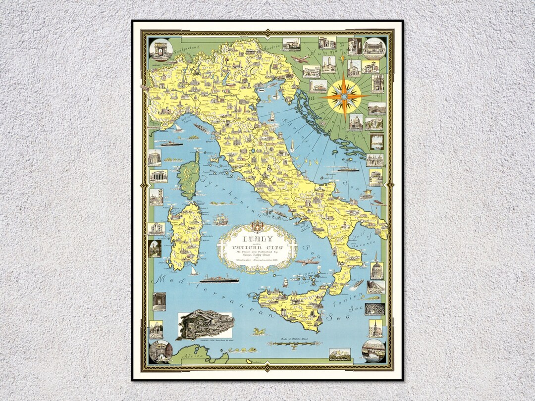 1935 Pictorial Map of Italy and Vatican City | Rome & Vatican | Vintage ...