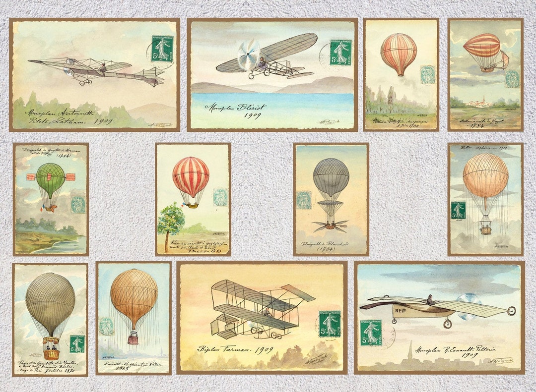 Vintage Airplane Postcards Reproduction Set | 12 Biplane and Airship ...