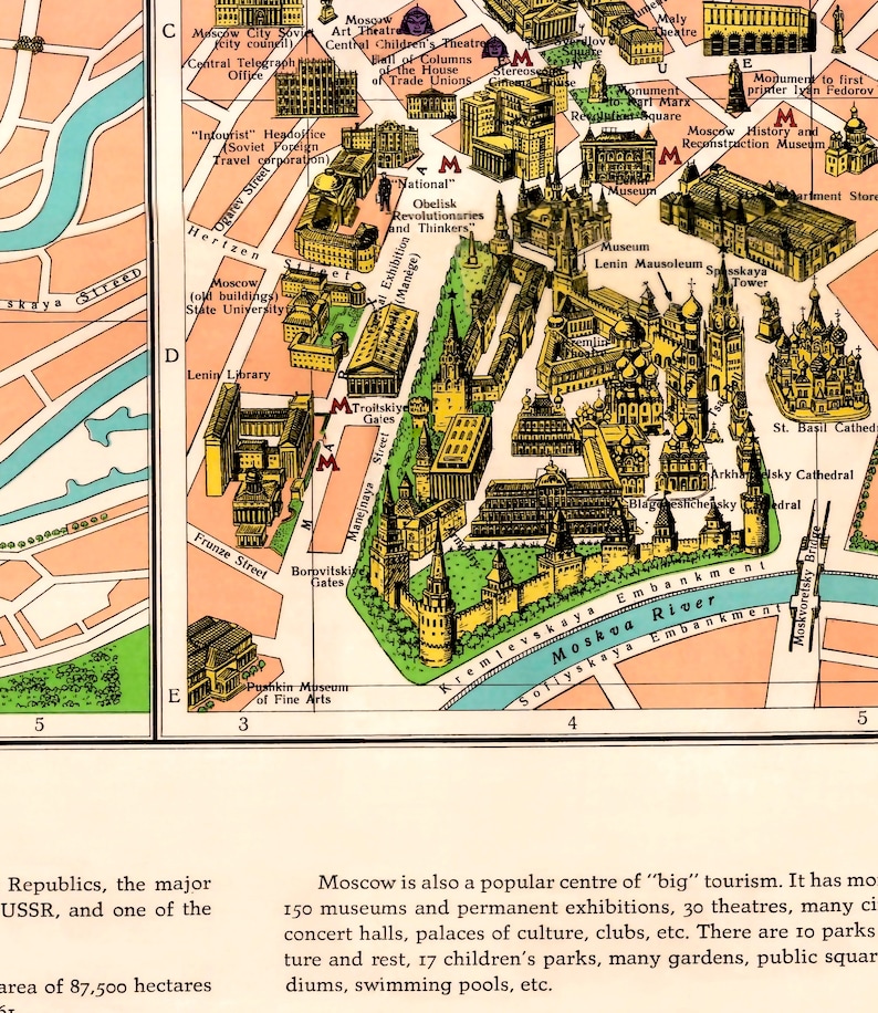 Large Tourist Map of Moscow City Moscow Travel Guide | Etsy