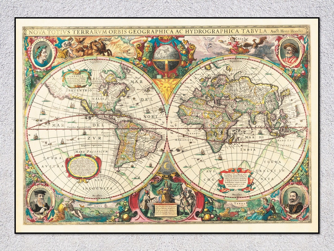 Portraits of Caesar, Ptolemy, Mercator and Jodocus Hondius Nova Totius ...
