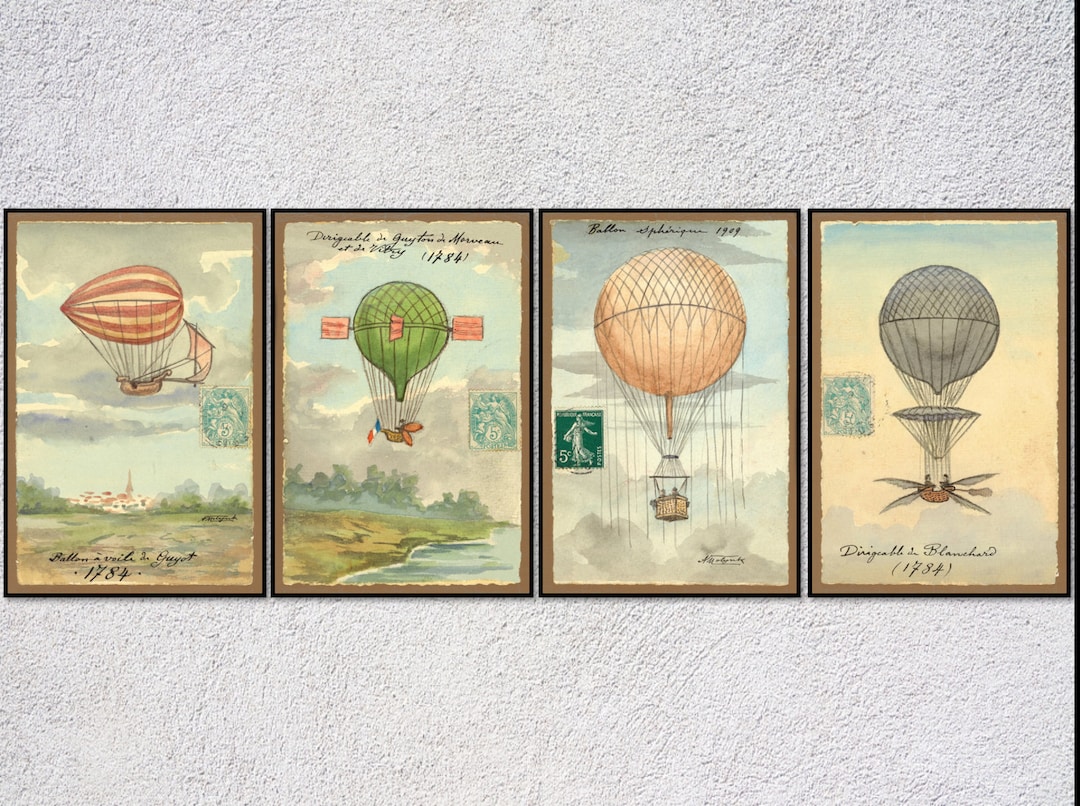 Hot Air Balloon Posters | Vintage Air Travel Aviation Print | Set of 4 ...