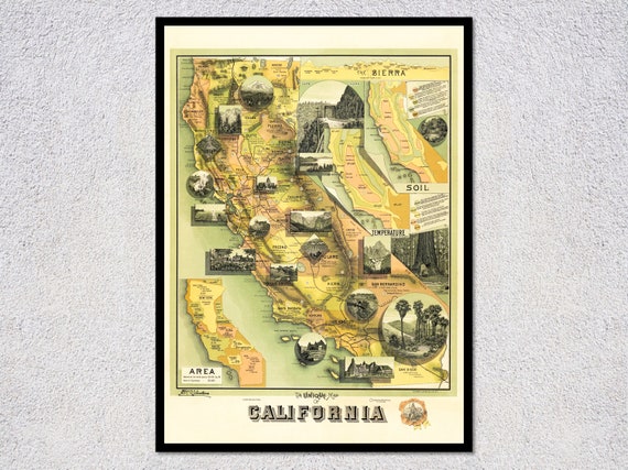 Unique Map of California Vintage Style Map State Board of | Etsy