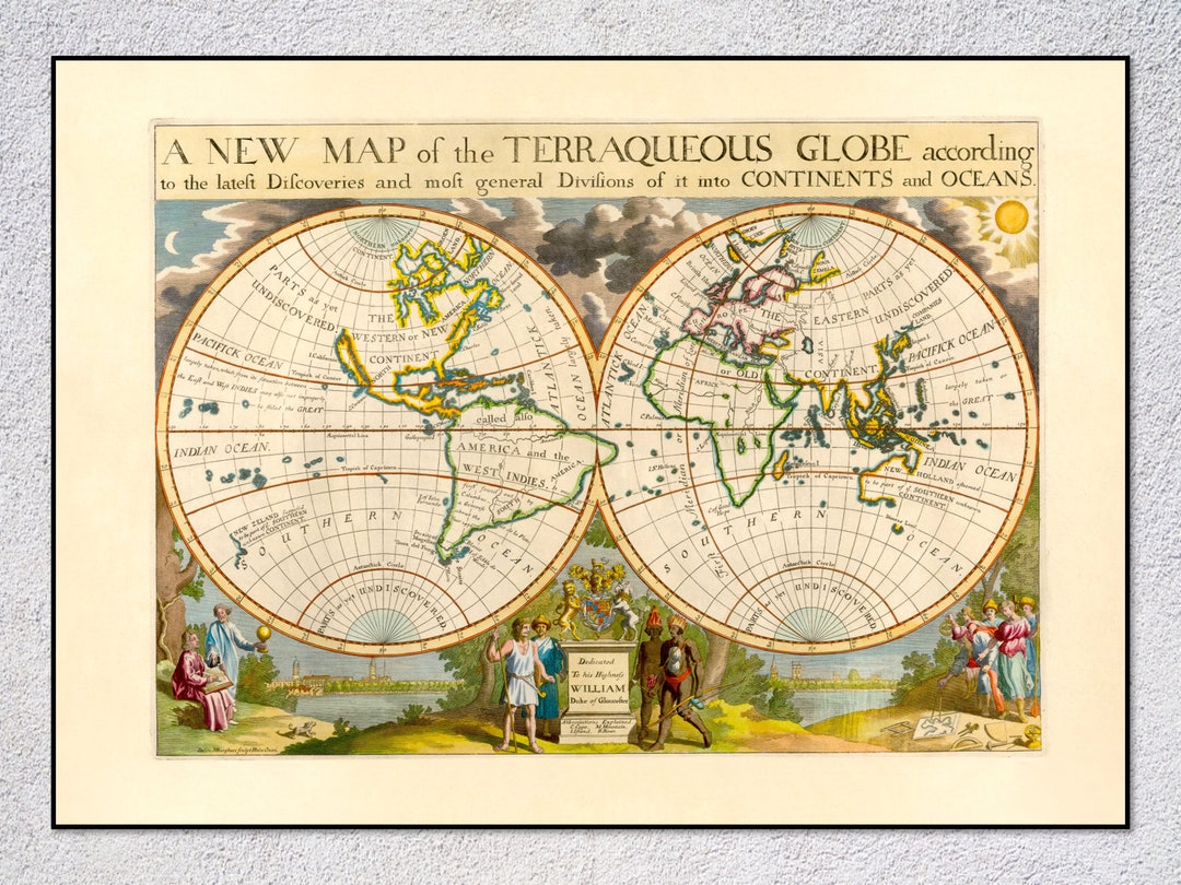 Historic Map Decorative Wall Map in Two Hemispheres Shows the World as ...
