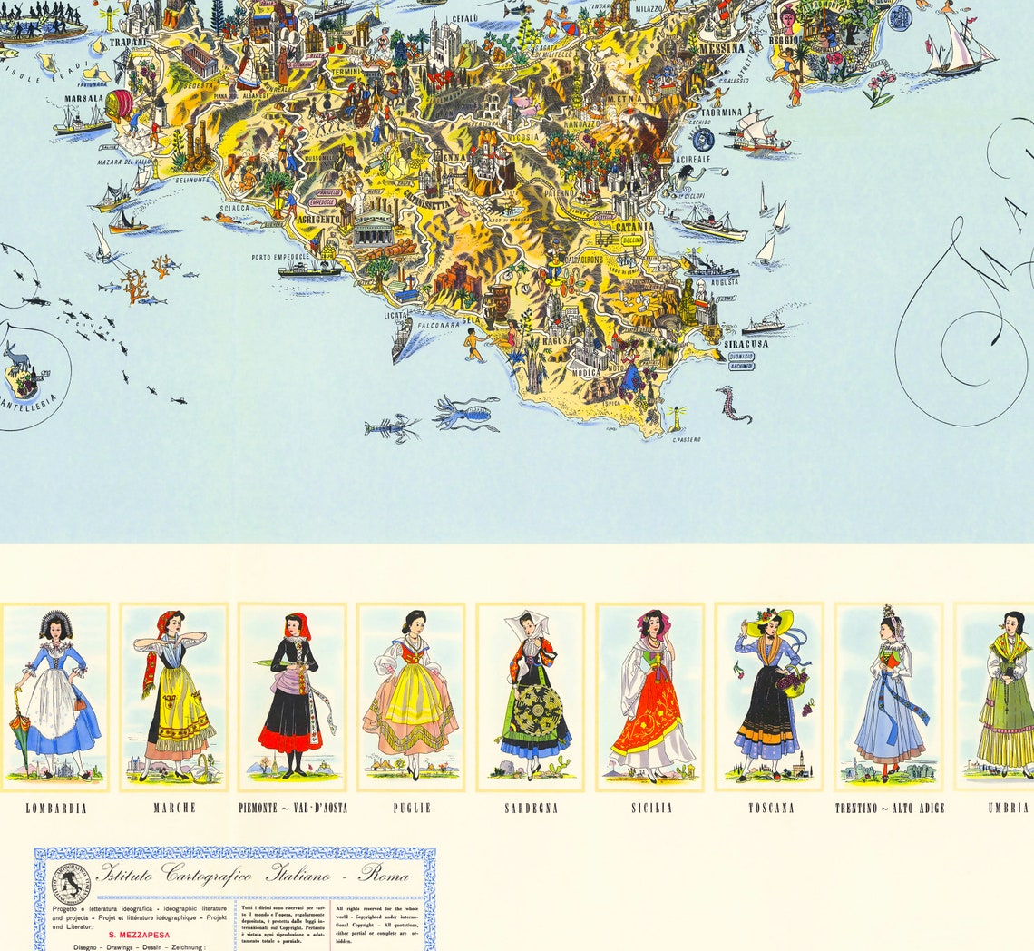 Pictorial Maps of Italian Regions (1956) | Illustrated Italy Map Poster ...