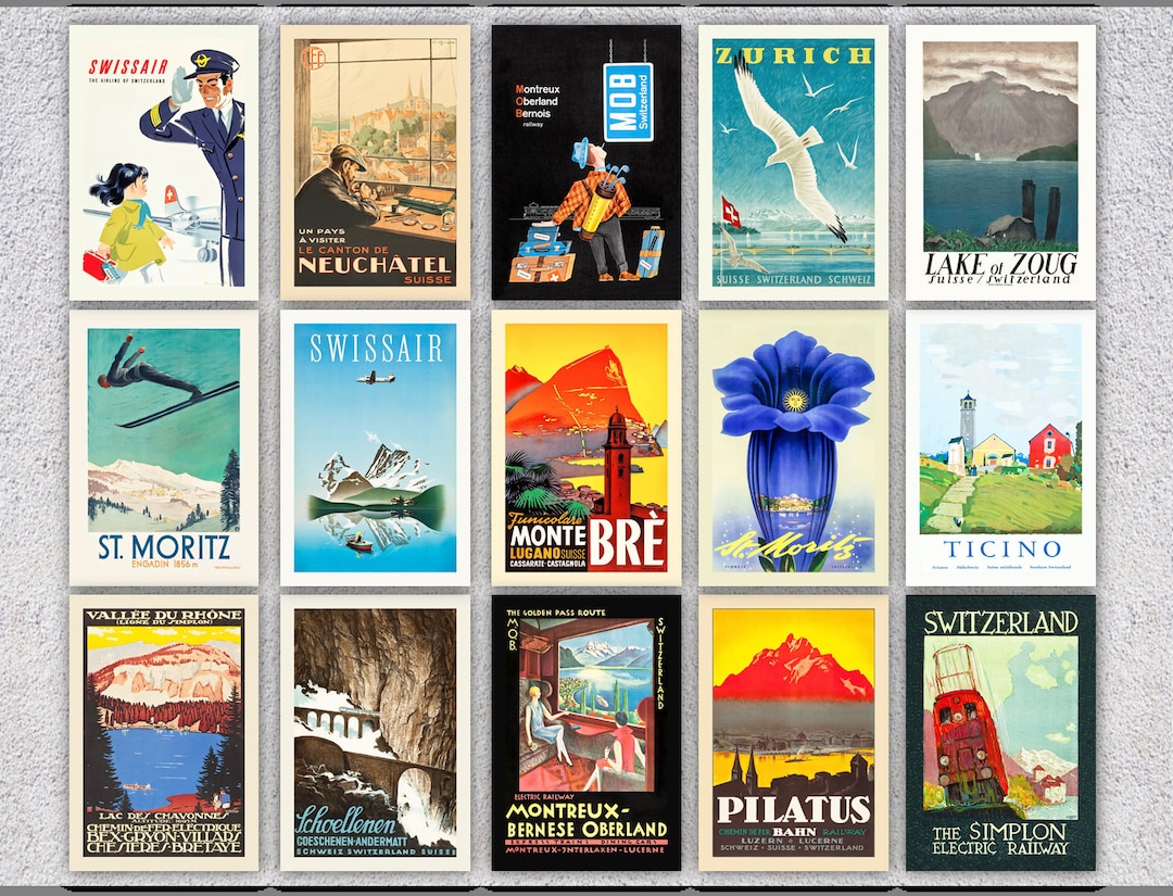 30 Swiss Old Postcards Set, Vintage Switzerland Travel Souvenirs ...
