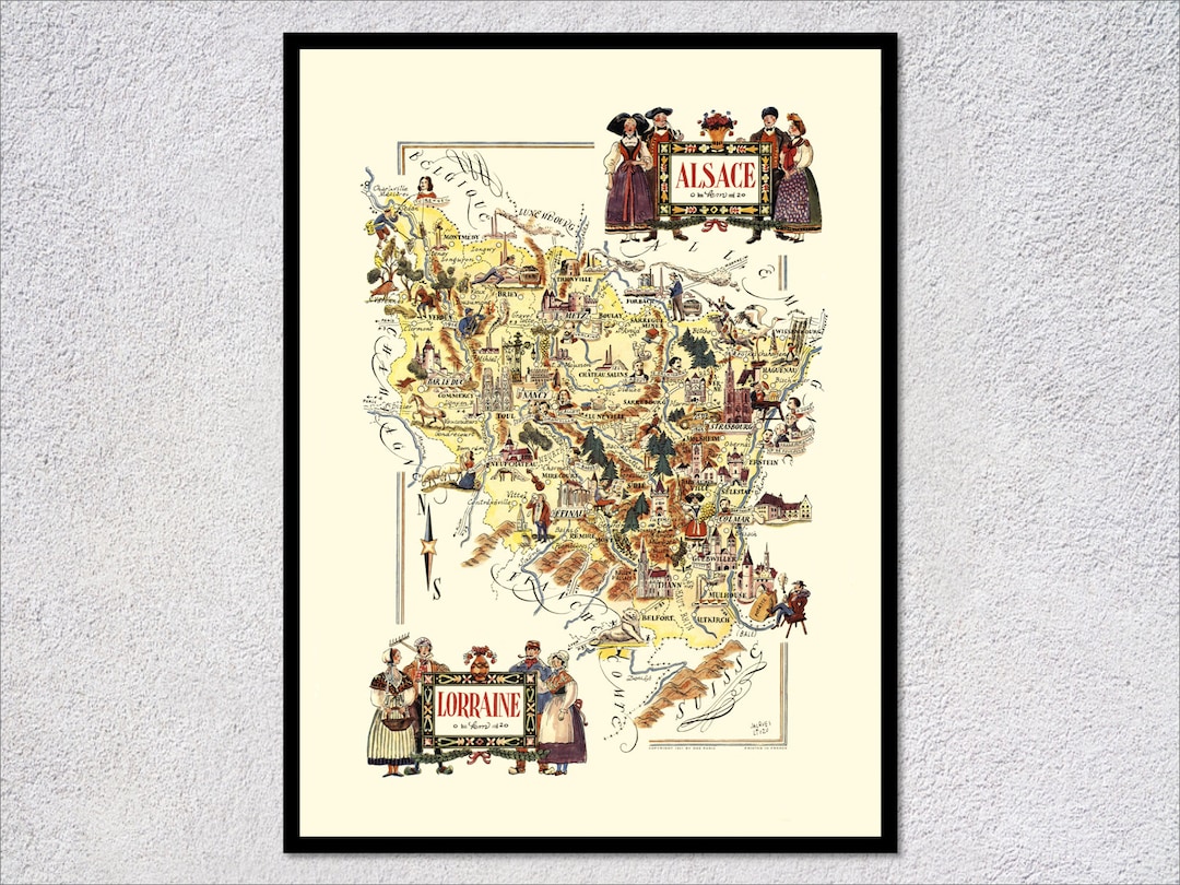 Vintage French Map Print | Alsace Lorraine Illustrated Map Poster for ...