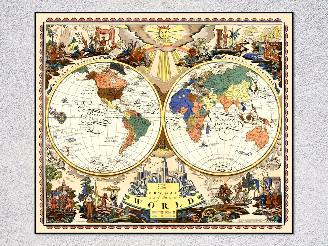 Historical Map 1928 the New Map of the World - Etsy