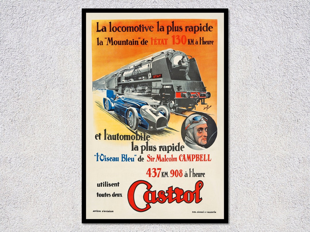 Vintage Car Racing Poster Issued by Castrol Featuring A Steam Train and ...