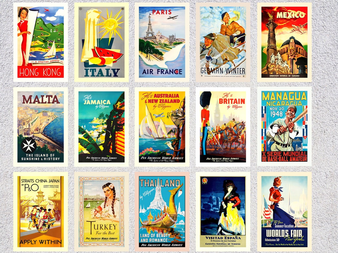 15 Vintage Travel Postcards | Old Tourism Poster Set | Retro Souvenir ...