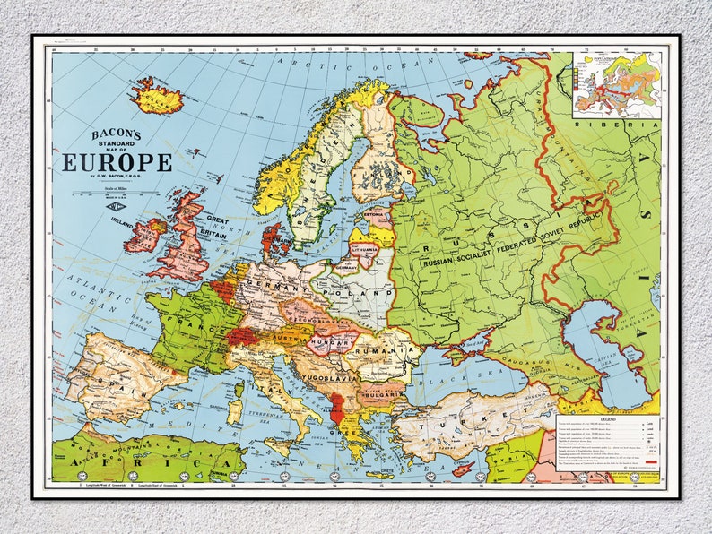 Antique Maps Map of Europe Bacon's Standard | Etsy