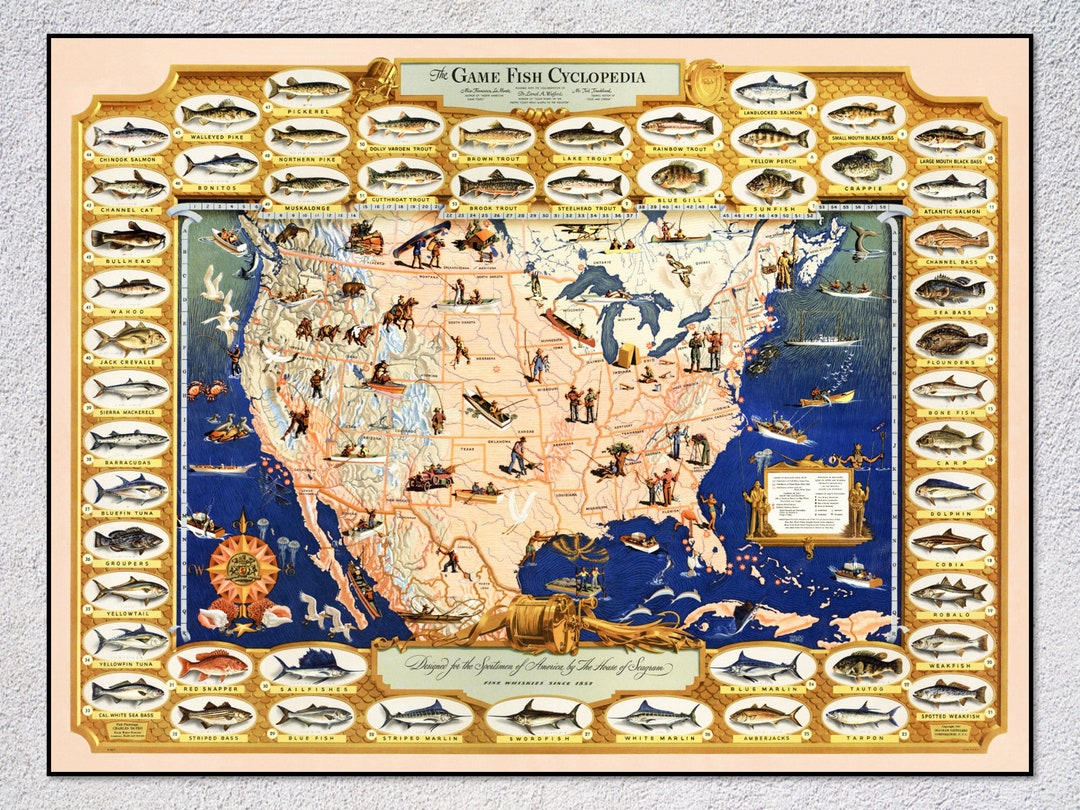 Fish Map 1936 Pictorial Fishing Fishermen Gifts Map Illustrated, Fresh ...