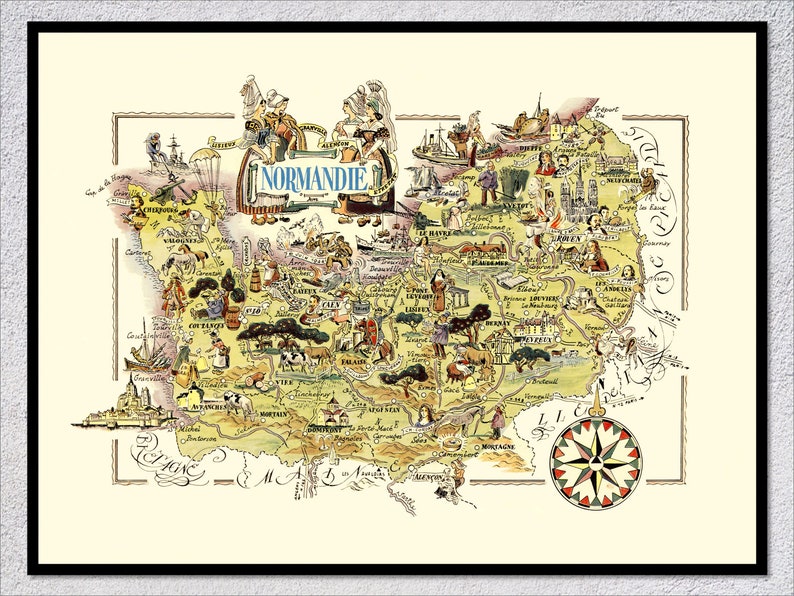Normandie Illustrated Map Artwork | Vintage French Regional Cartography ...