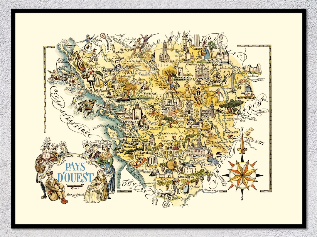 Pays D'ouest Map | Illustrated Regional Map of Western France | Vintage ...