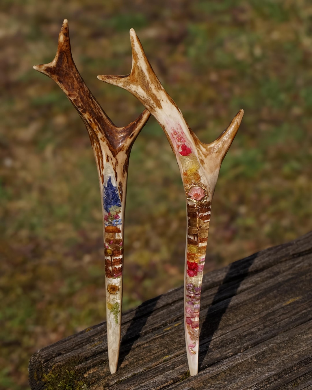 Roe Deer Antler Hair Fork With Pink Rose Flowers, Personalized Forest ...