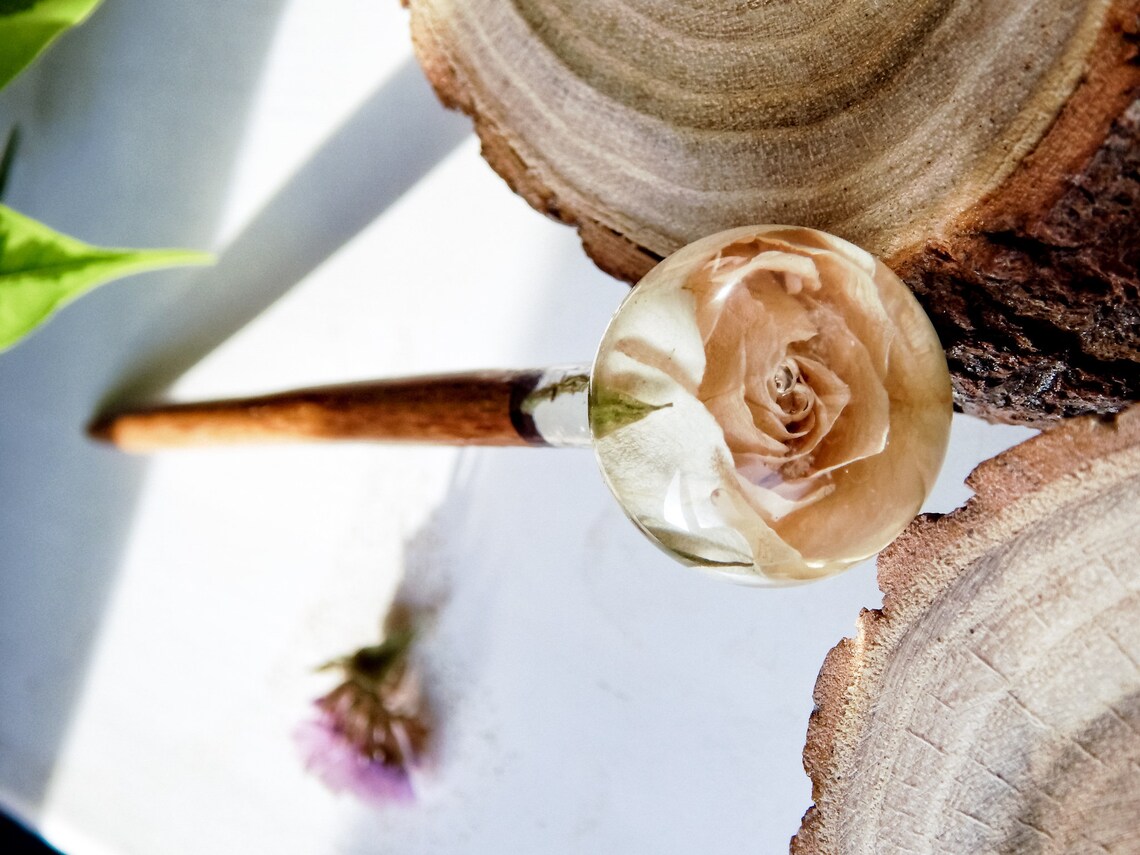 White Rose Hair Stick, Wooden Hairpin, Wood Resin Hair Pin, Rose Hair ...
