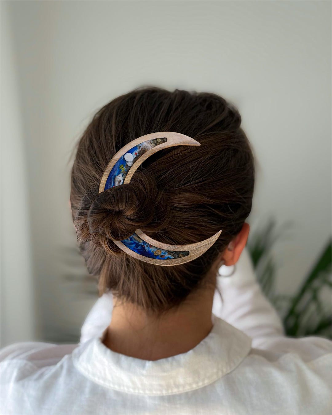 Crescent Moon Hair Stick, Wood and Resin Hairpin With Shells and Stones ...