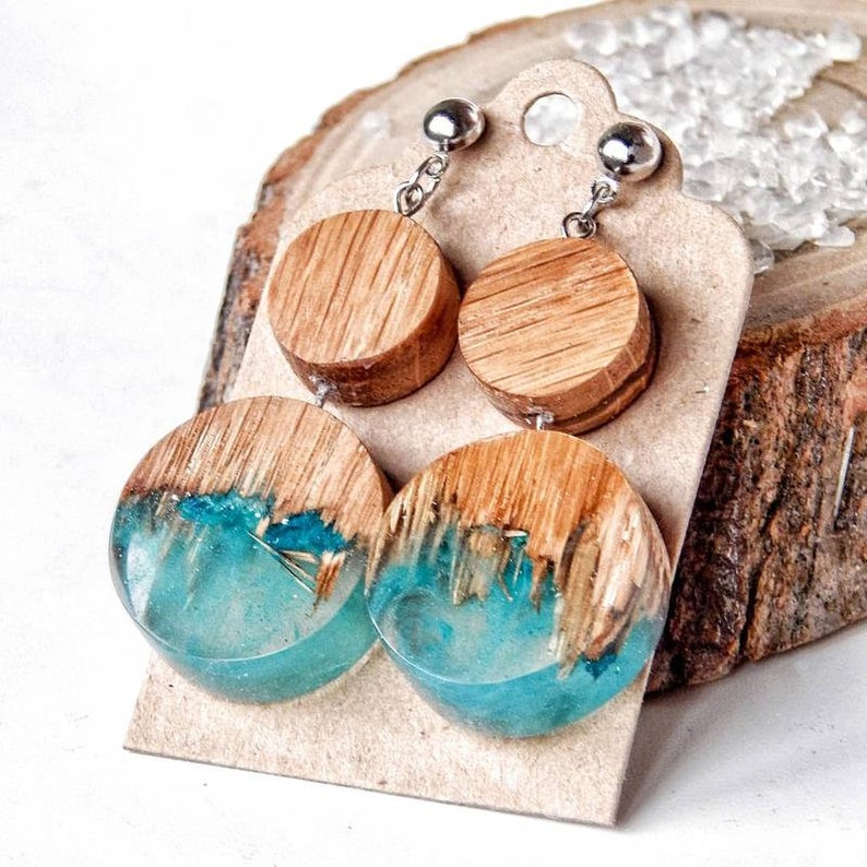 Round Wood Resin Earrings, Blue Resin Earrings for Women, Wood and ...