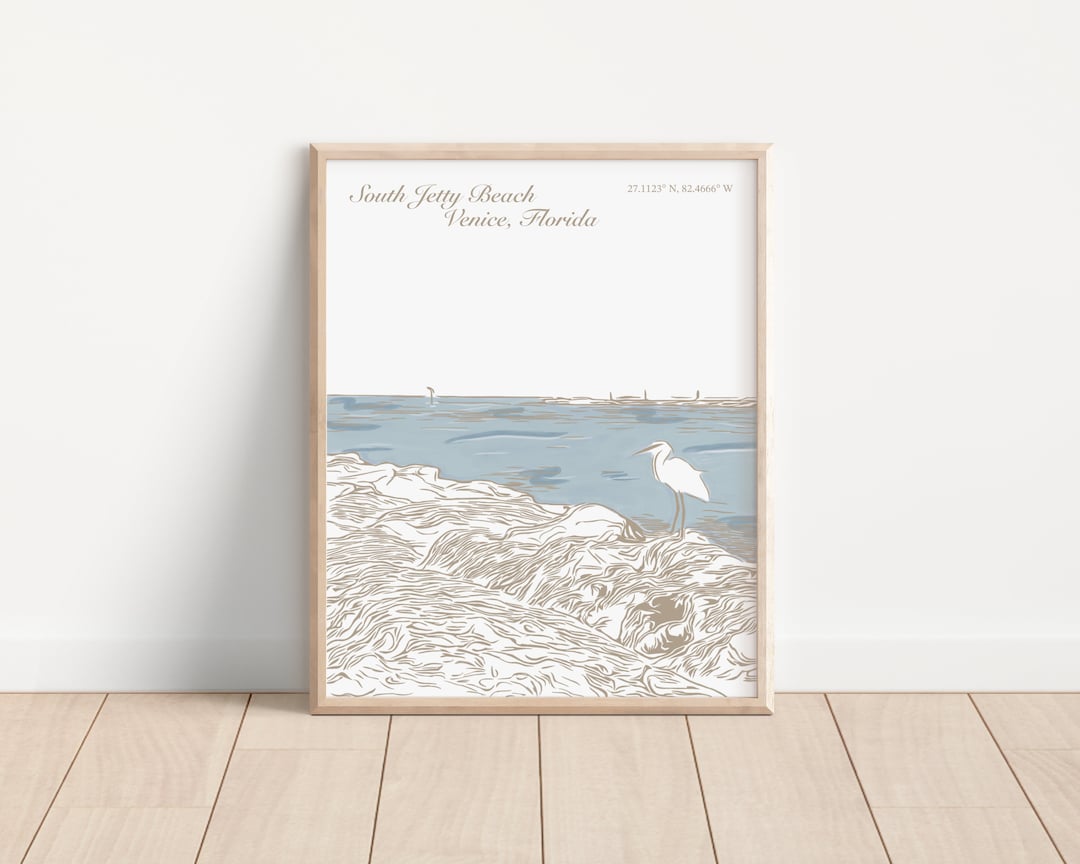 South Jetty Beach Coordinates Print, Venice Florida Print, Egret Art ...