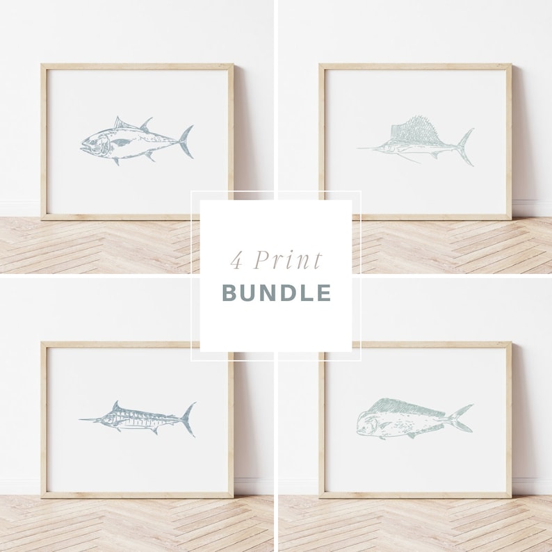 BUNDLE Deep Sea Fishing Prints, PRINTABLE Fish Art, Gift for Fisherman ...