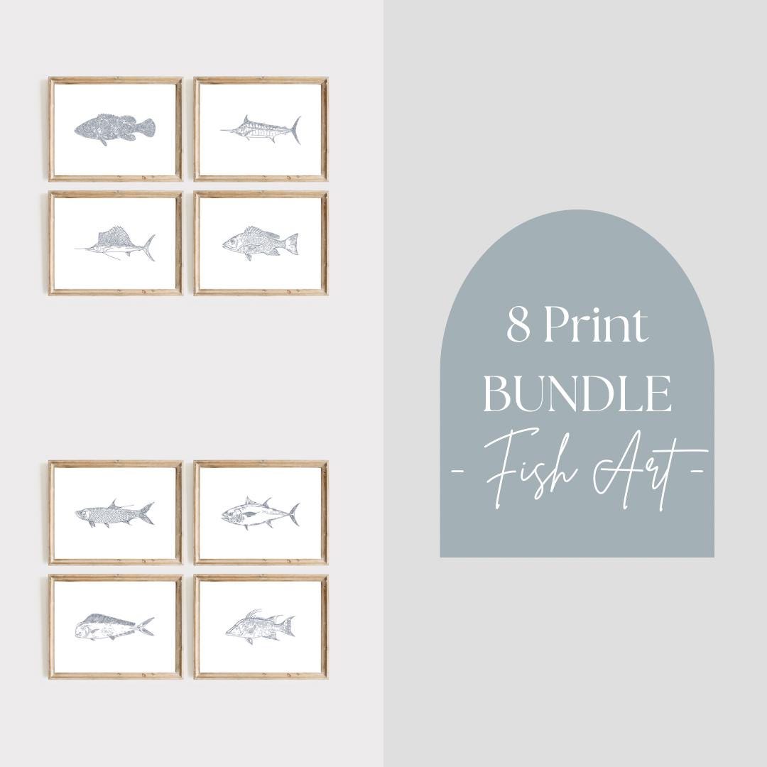 BUNDLE of 8- Deep Sea Fishing Prints, PRINTABLE Fish Art, Gift for ...