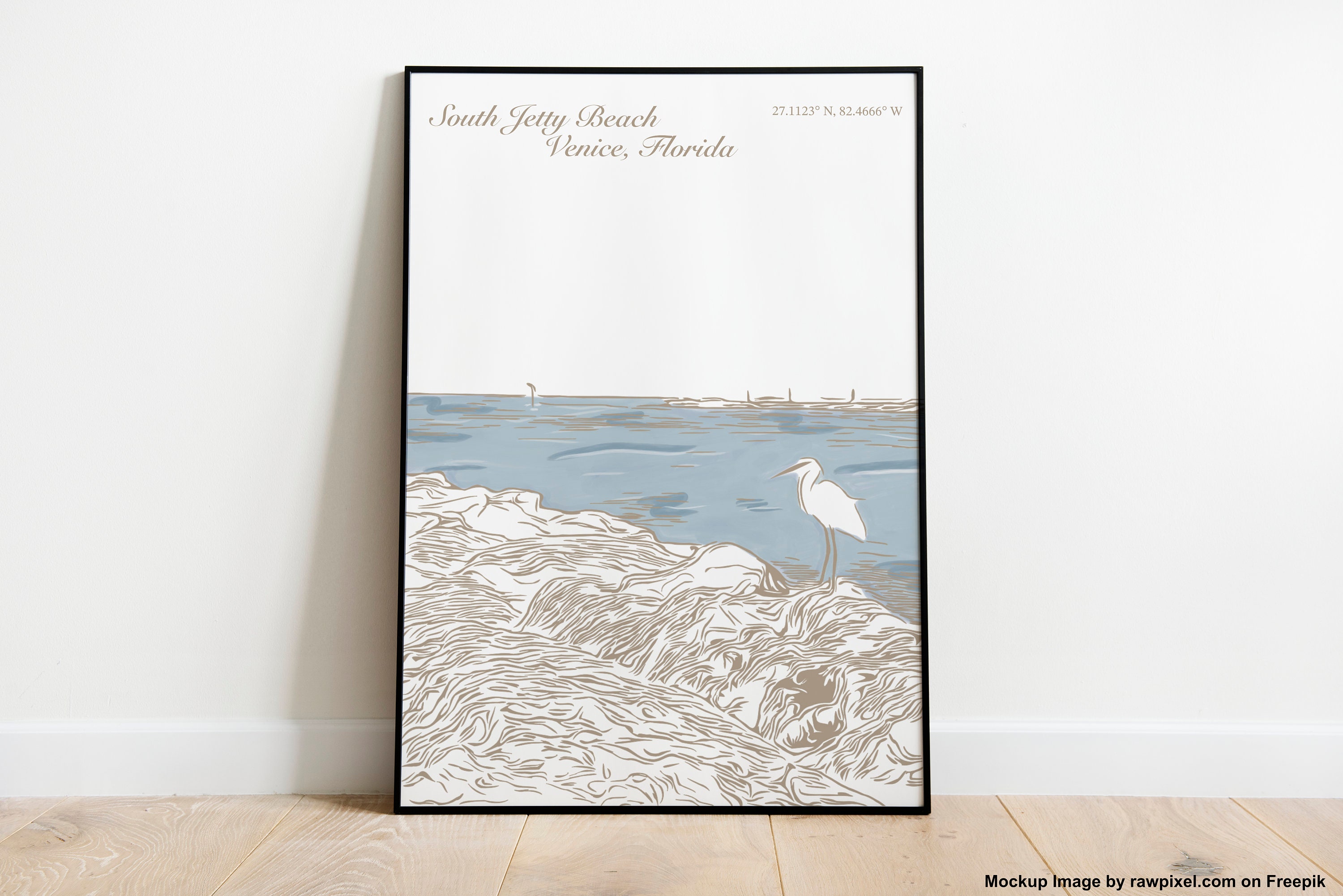 South Jetty Beach Coordinates Print, Venice Florida Print, Egret Art ...