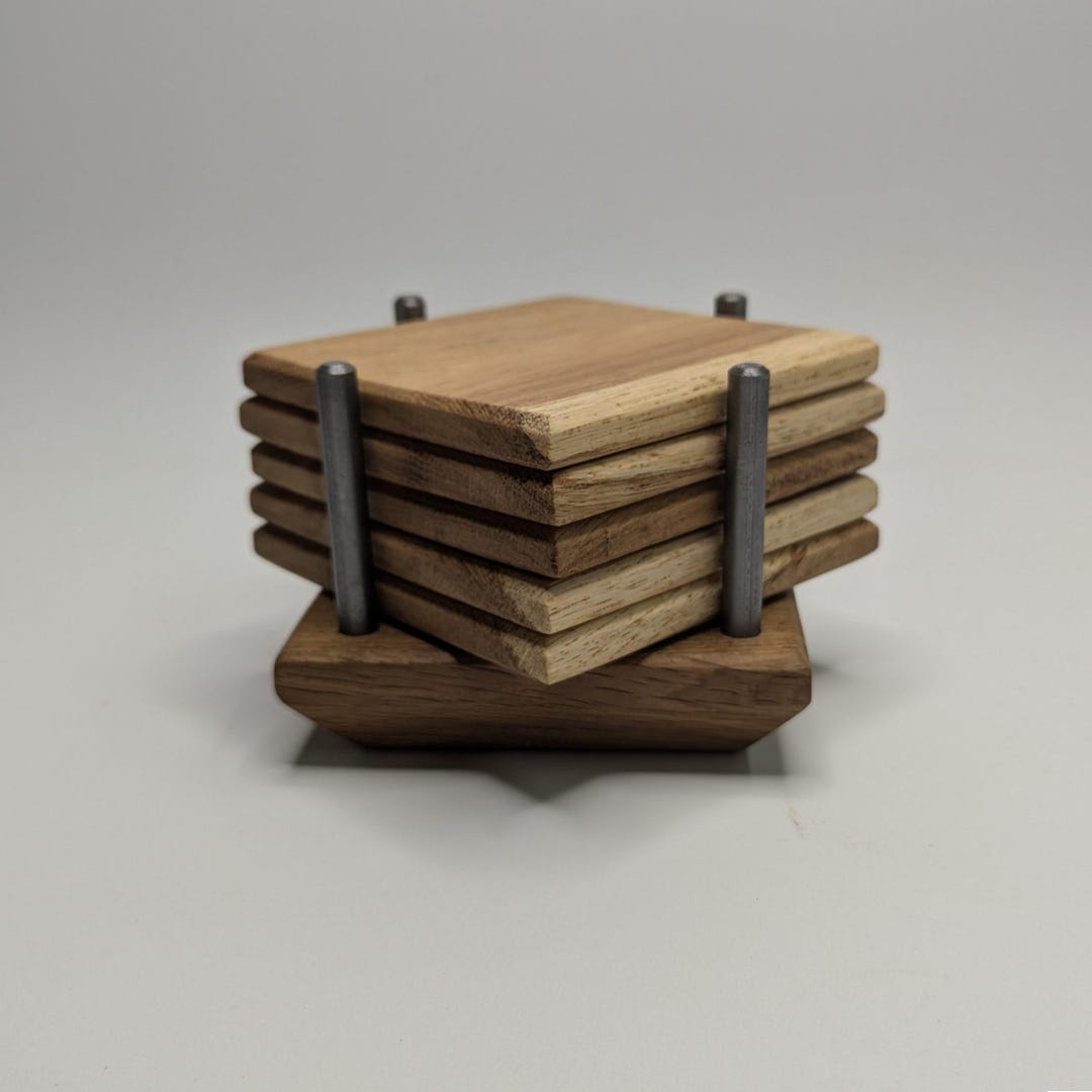 Oak and Steel Coaster Set - 5 Coasters With a Holder - Etsy