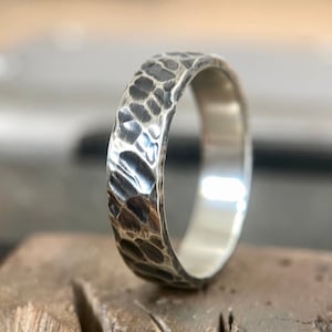 Oxidised Forged Argentium Silver Ring - Heavily Hammered Textured Band ...