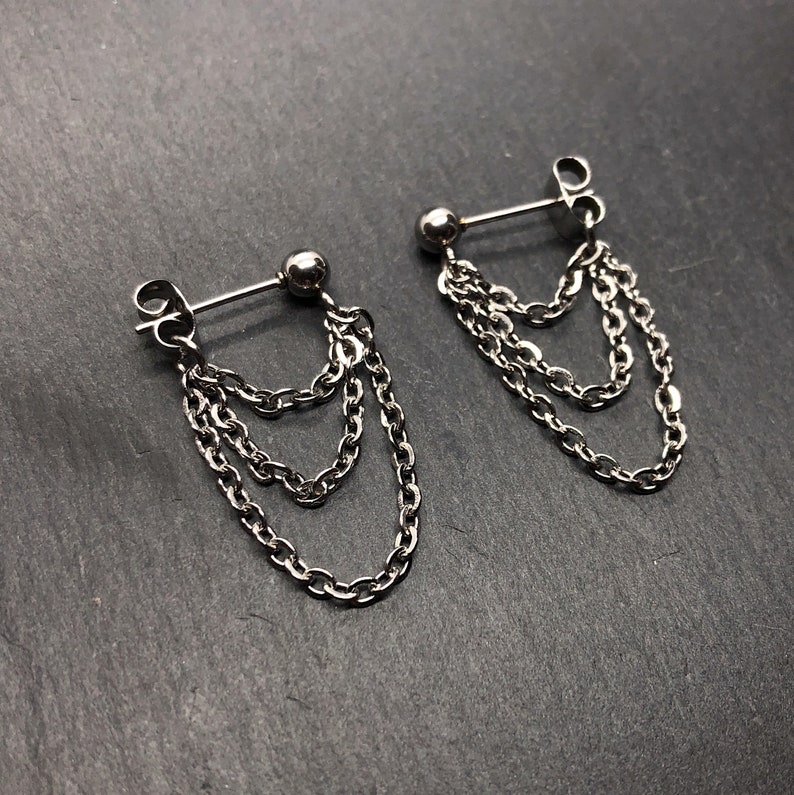 Front to Back Chain Earrings - Triple Chain Dangle Chandelier Studs ...